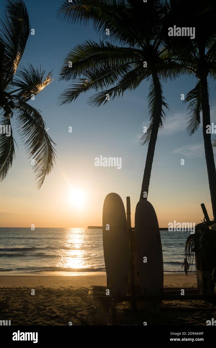 Surfboards On The Beach At Sunset