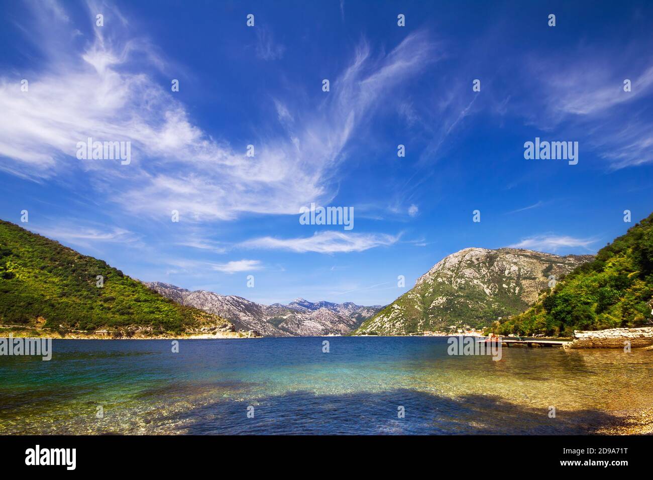 The tranquil Verige beach in Kotor Bay, Montenegro, early in the ...