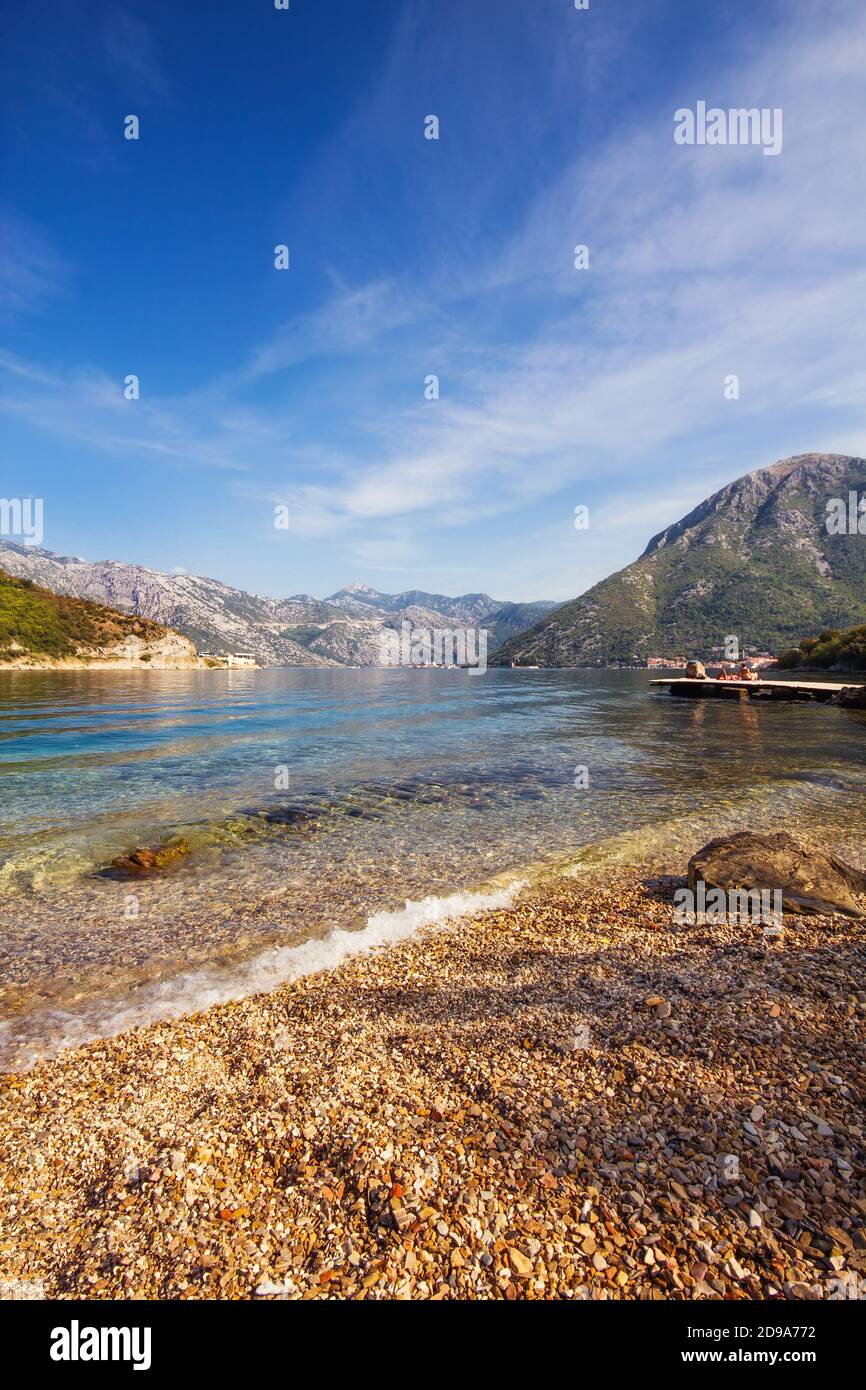The tranquil Verige beach in Kotor Bay, Montenegro, early in the ...