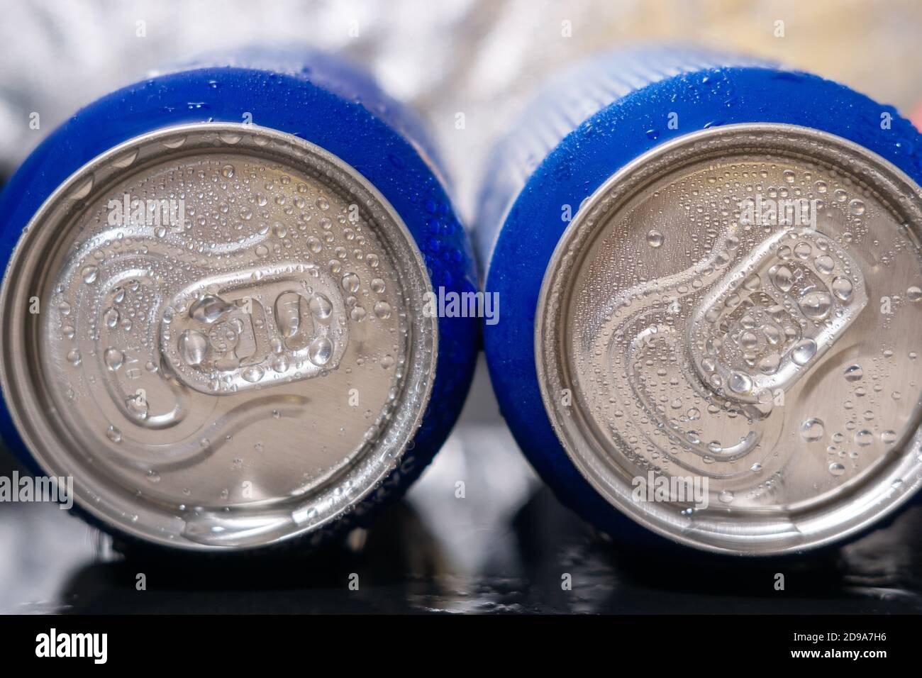 cans with soda Condensate, water drops on two cans with a drink Stock ...