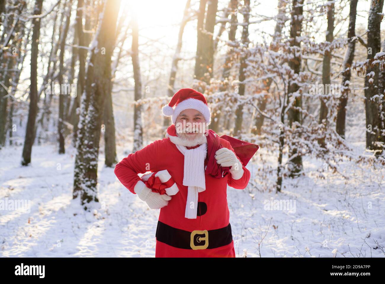 Santa Claus comes in the snow forest holds gift. Christmas time with ...
