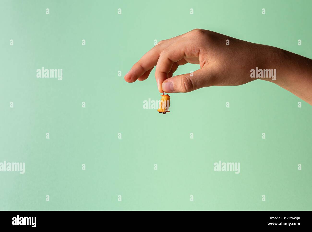 Hand of Caucasian teenager boy with haw stump in fingers. Small fruit ...