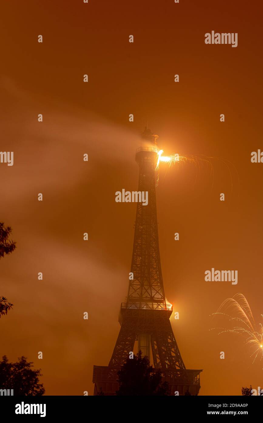fireworks during new year night at Eiffel tower Lahore Pakistan Stock ...