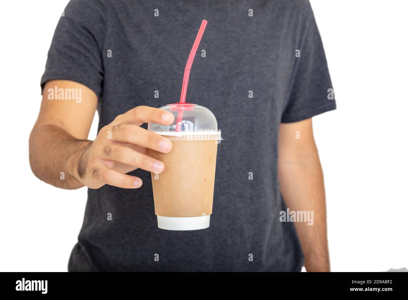 Man with to go coffee concept. Young person body offering fresh ...