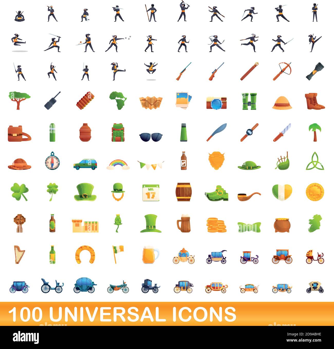 100 universal icons set. Cartoon illustration of 100 universal icons ...