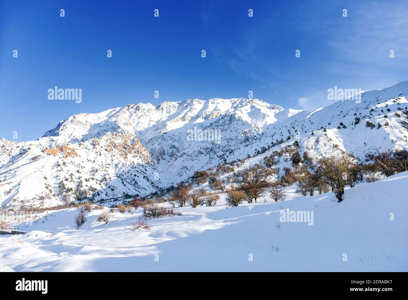 Winter snow-covered mountain Chimgan in Uzbekistan. Tien Shan mountains ...
