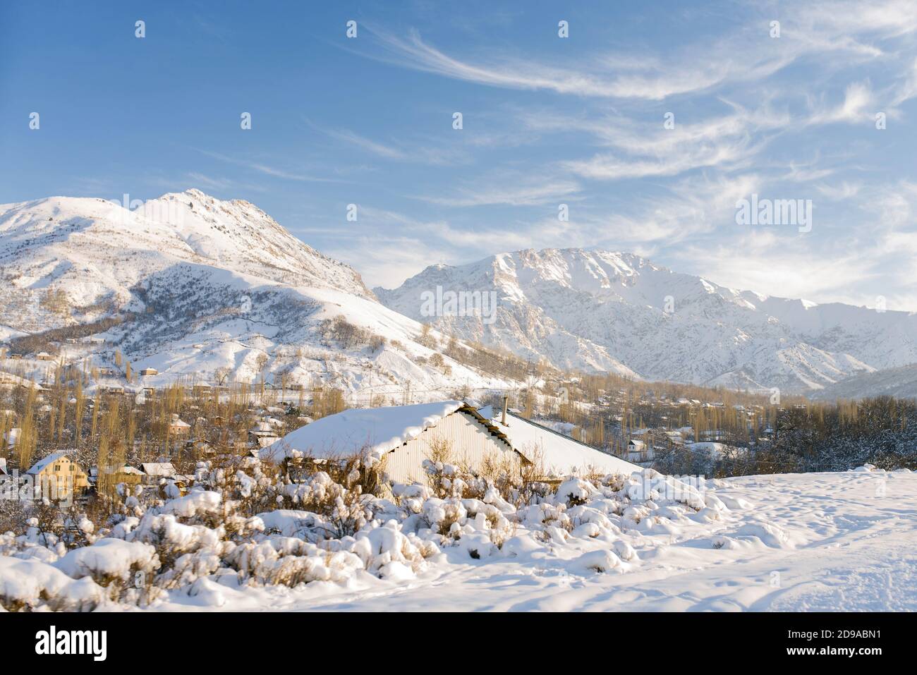 Chimgan mountain in winter on a Sunny frosty day in Uzbekistan and a ...