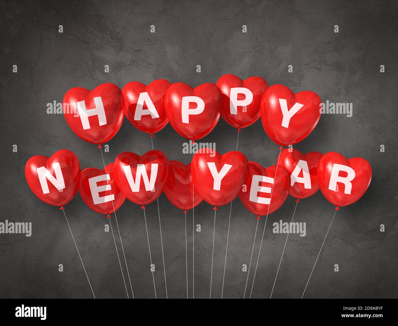 Red happy new year heart shaped air balloons on a dark concrete ...