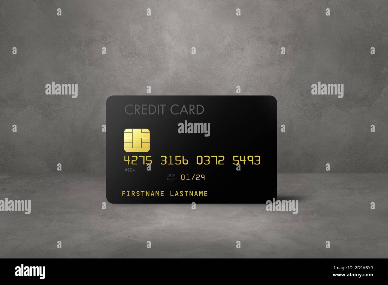 Black credit card template on a concrete background. 3D illustration ...