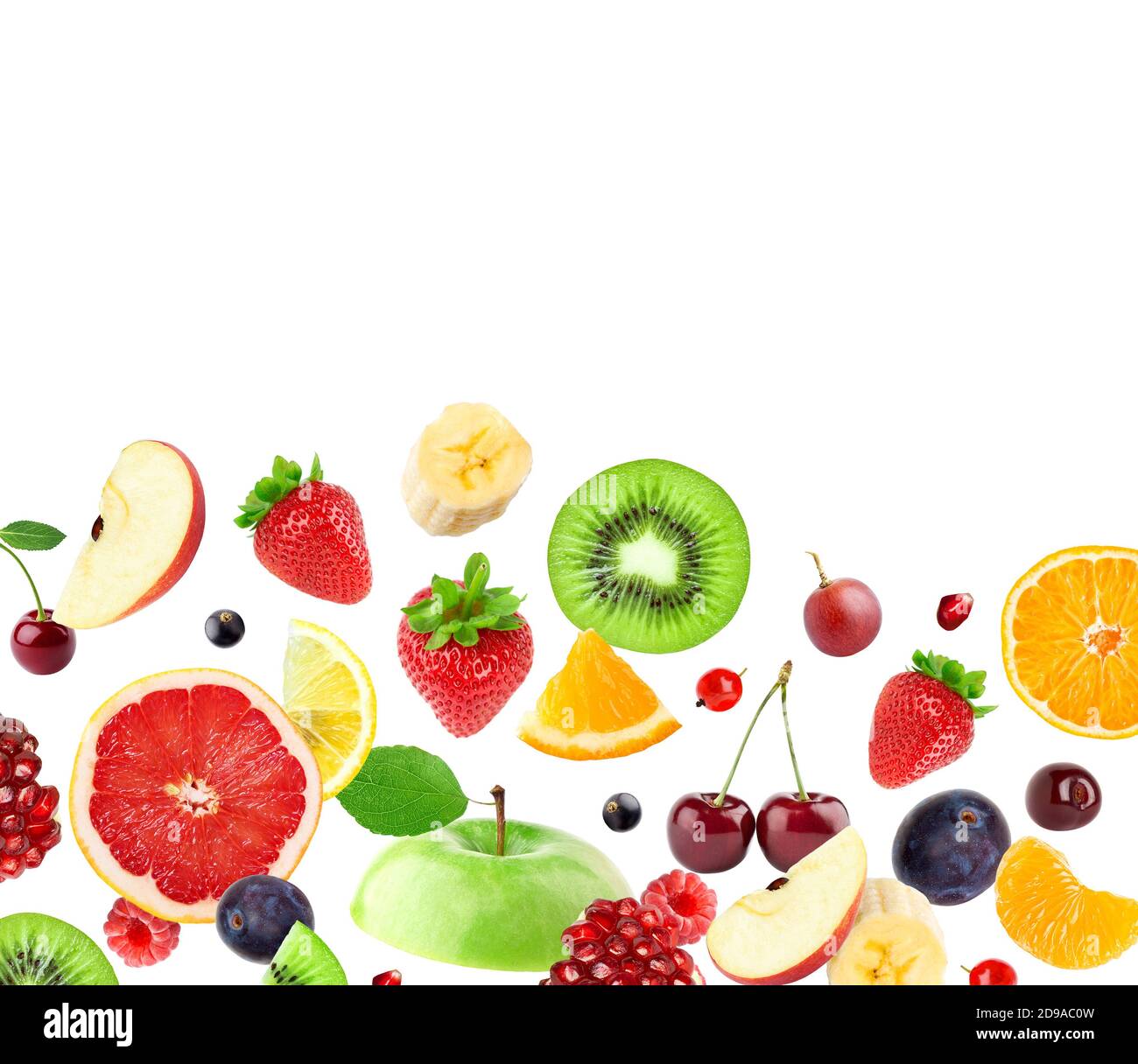 Mixed fruits on white background. Falling fruits Stock Photo - Alamy