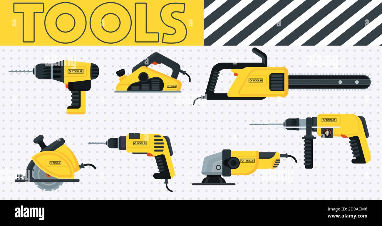 Set of power tools in yellow and black color. Home repair Stock Vector ...
