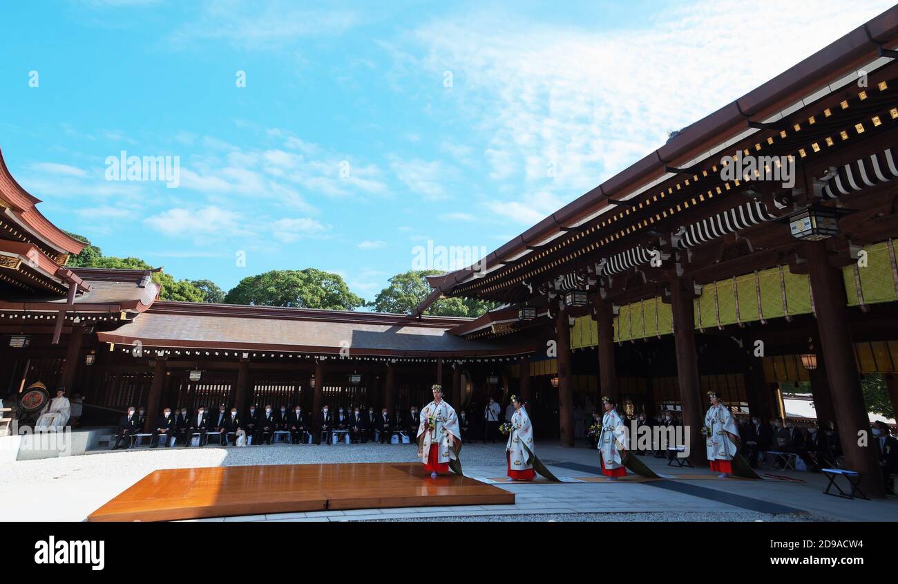 Shrine maidens perform a dance based on the Emperor poem written by ...