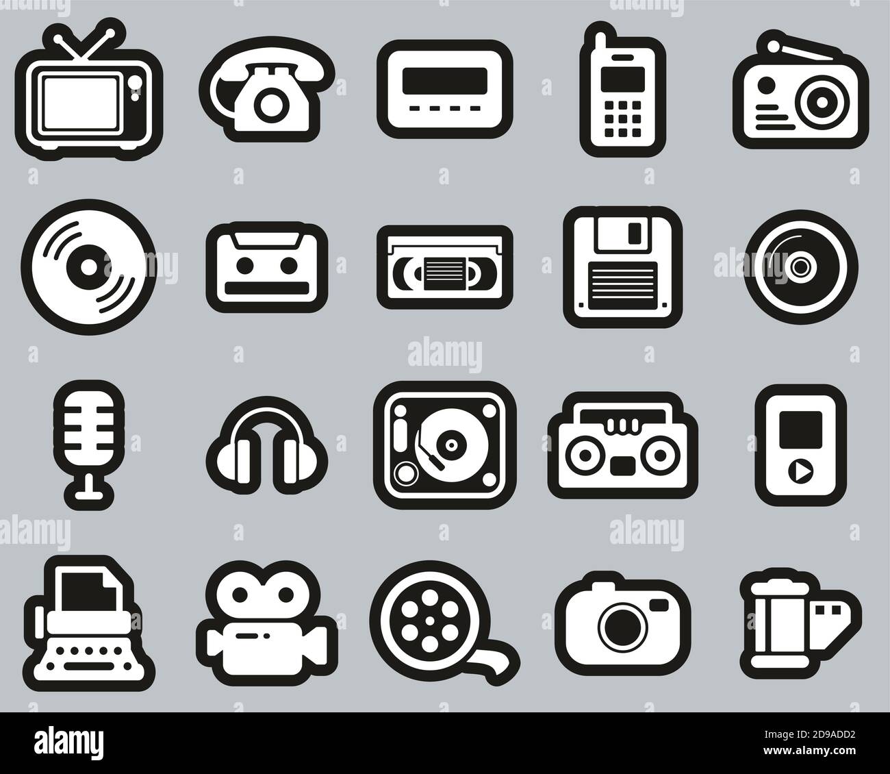 Old Technology Icons White On Black Sticker Set Big Stock Vector Image ...