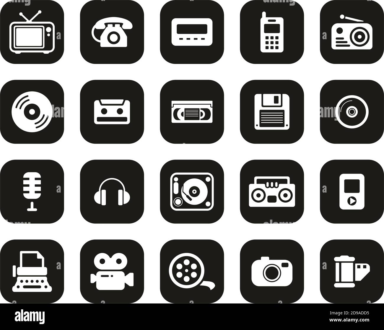 Old Technology Icons White On Black Flat Design Set Big Stock Vector ...