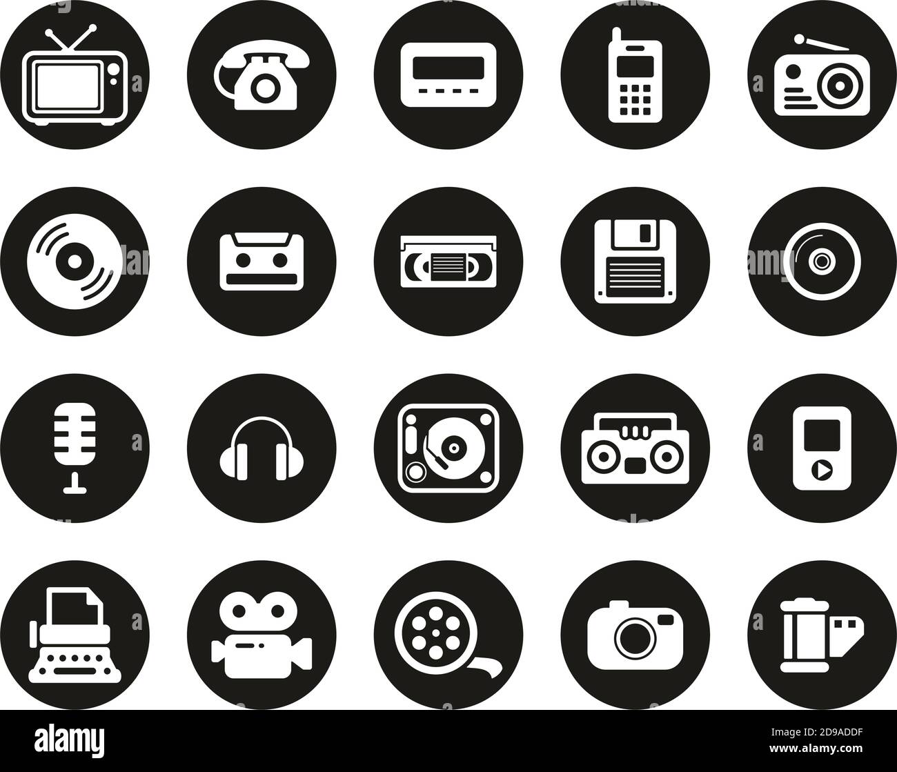 Old Technology Icons White On Black Flat Design Circle Set Big Stock ...