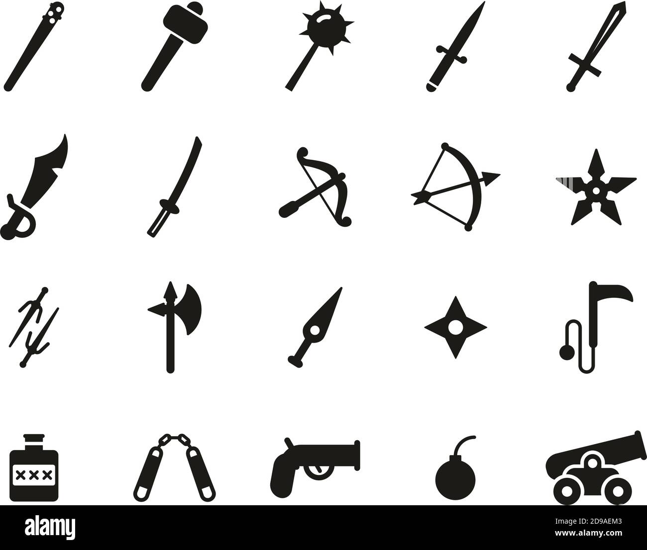 Old Weapons Or Ancient Weapons Icons Black & White Set Big Stock Vector ...