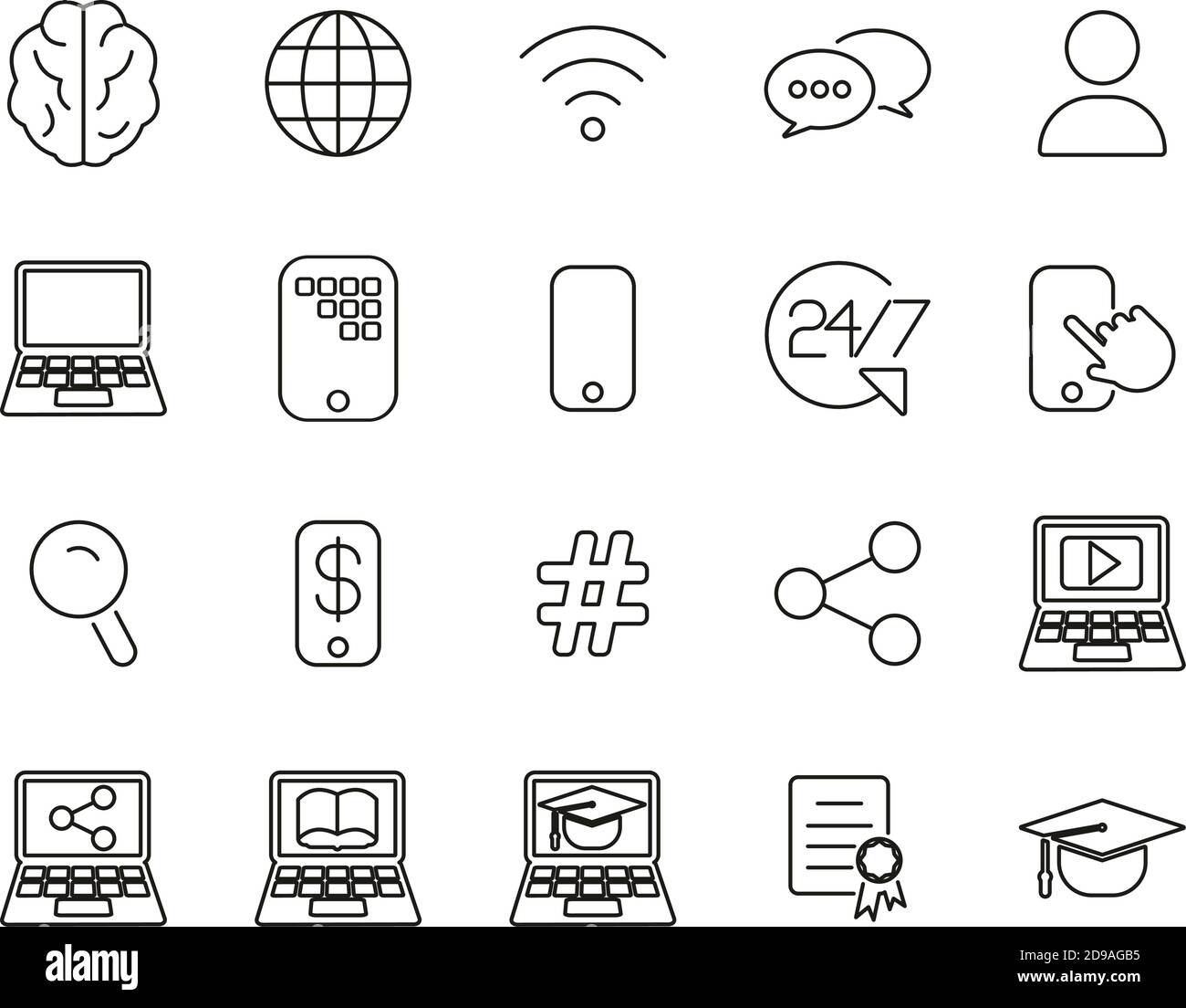 Online Education Icons Black & White Thin Line Set Big Stock Vector ...