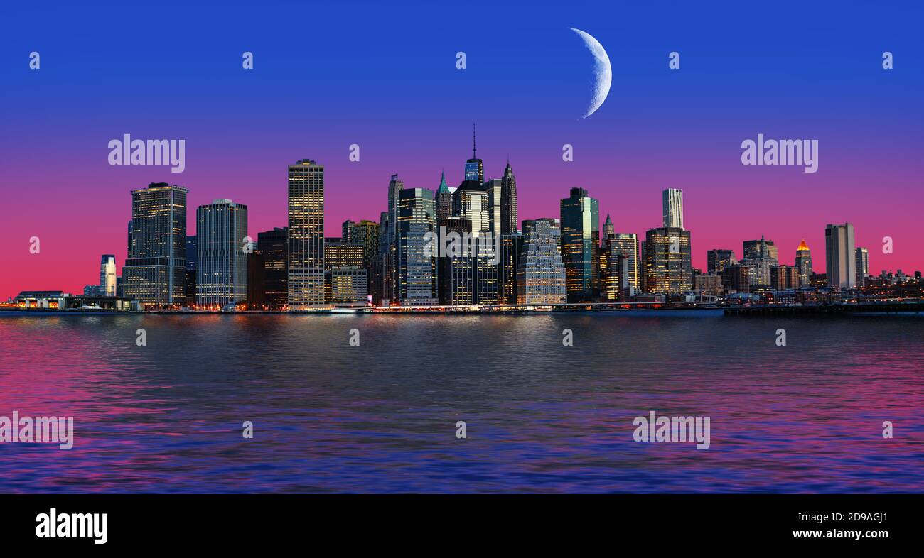 Manhattan at moon light. New York City skyline panorama Stock Photo - Alamy