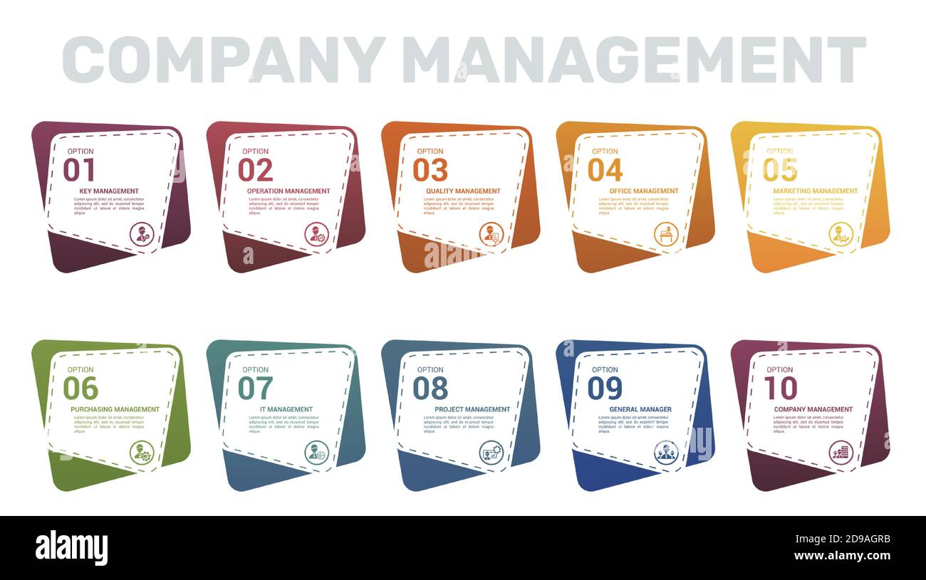 Infographic Company Management template. Icons in different colors ...