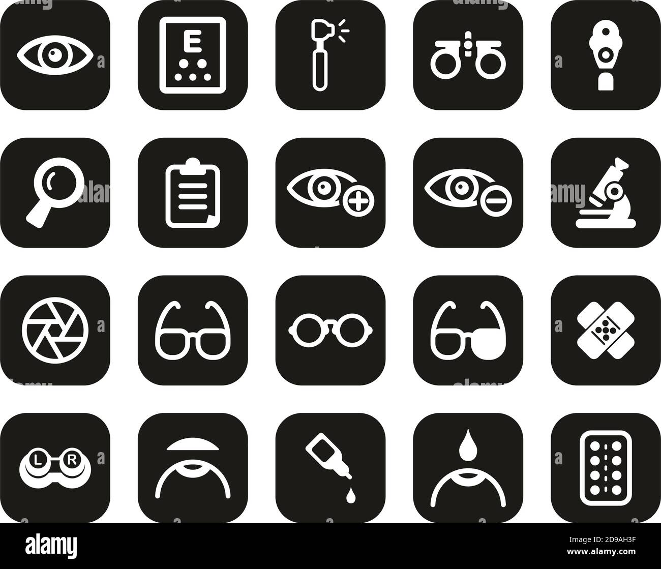 Optometry Exam & Optometry Equipment Icons White On Black Flat Design ...