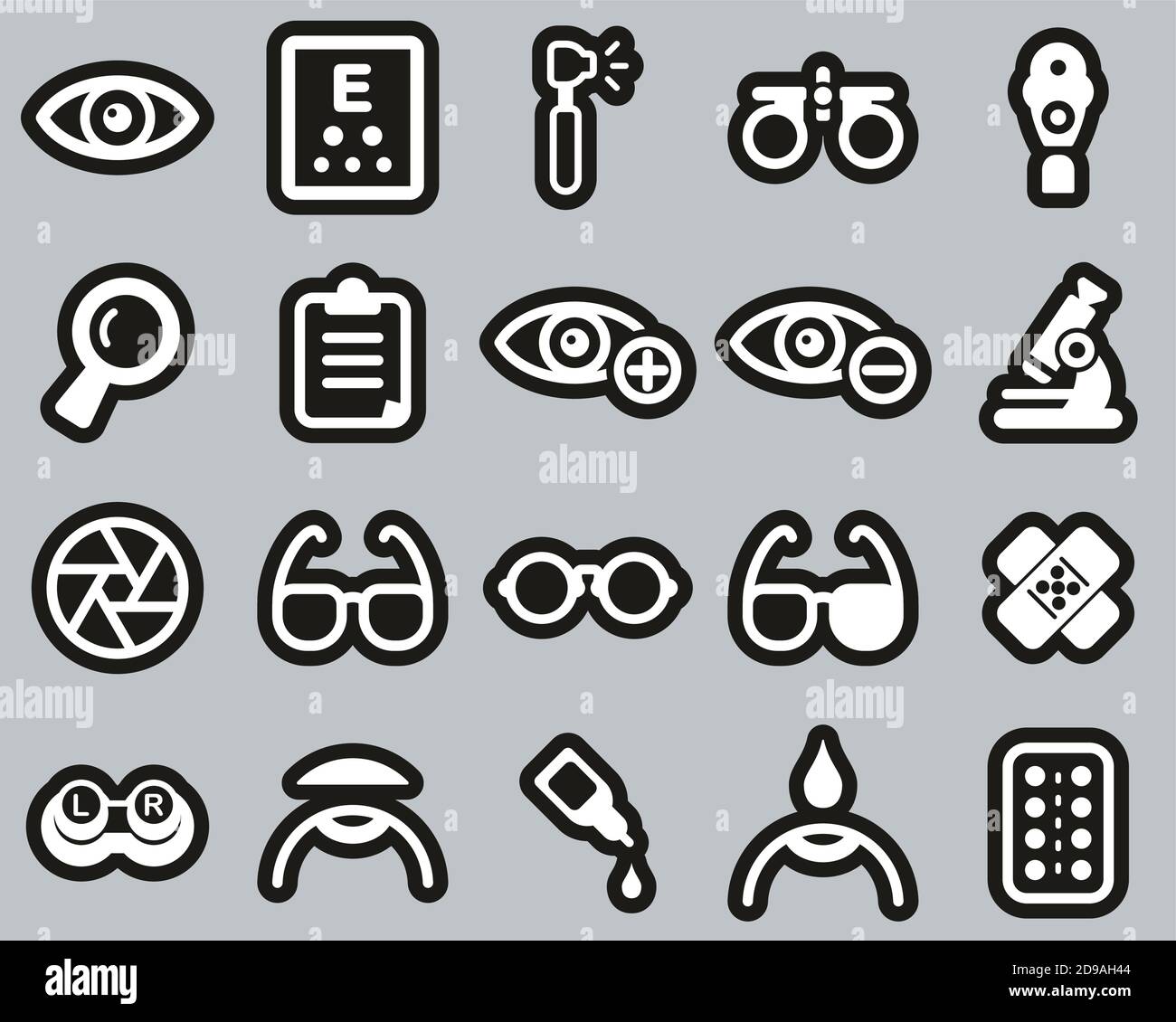 Optometry Exam & Optometry Equipment Icons White On Black Sticker Set ...
