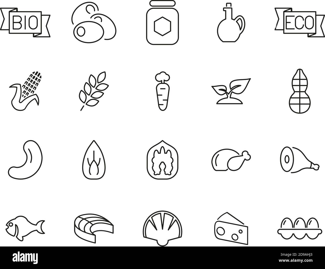 Organic Food Icons Black & White Thin Line Set Big Stock Vector Image ...