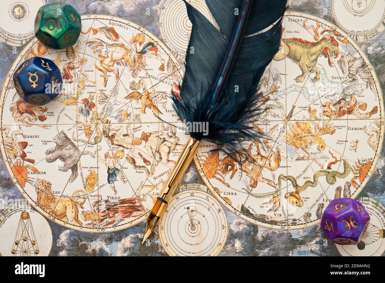 antique astrology chart with zodiac signs and dice with a quill pen ...