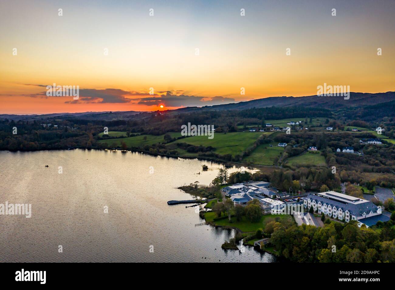 Aerial view of The Lake Eske and Harvey's Point in Donegal, Ireland ...