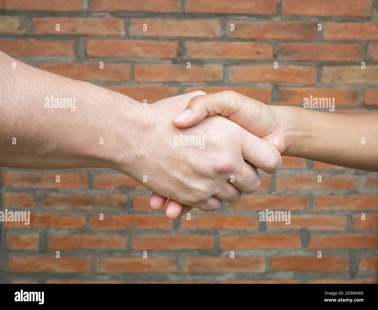 Young man handshake brick wall hi-res stock photography and images - Alamy
