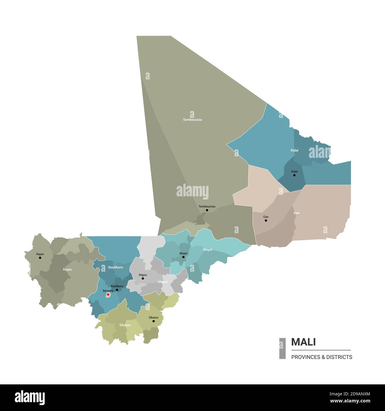 Mali higt detailed map with subdivisions. Administrative map of Mali ...