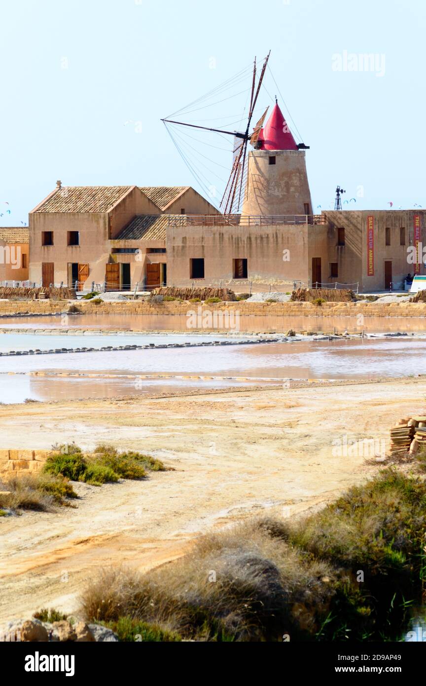 Landscape view of the salt Pans of Trapani in Sicily with colorful ...