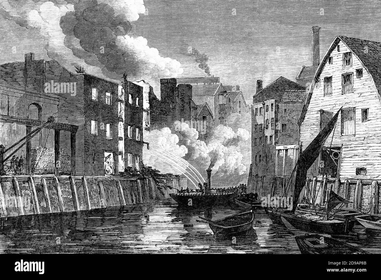 Scene of the fire at dockhead, Bermondsey, London, England. 1864 ...