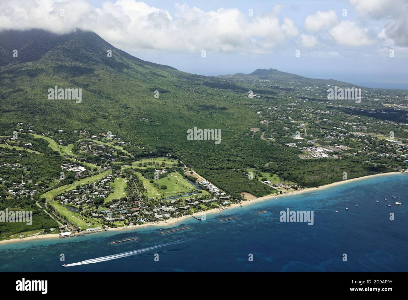 The Caribbean, St. Kitts and Nevis: aerial view of Pinney's Beach and ...