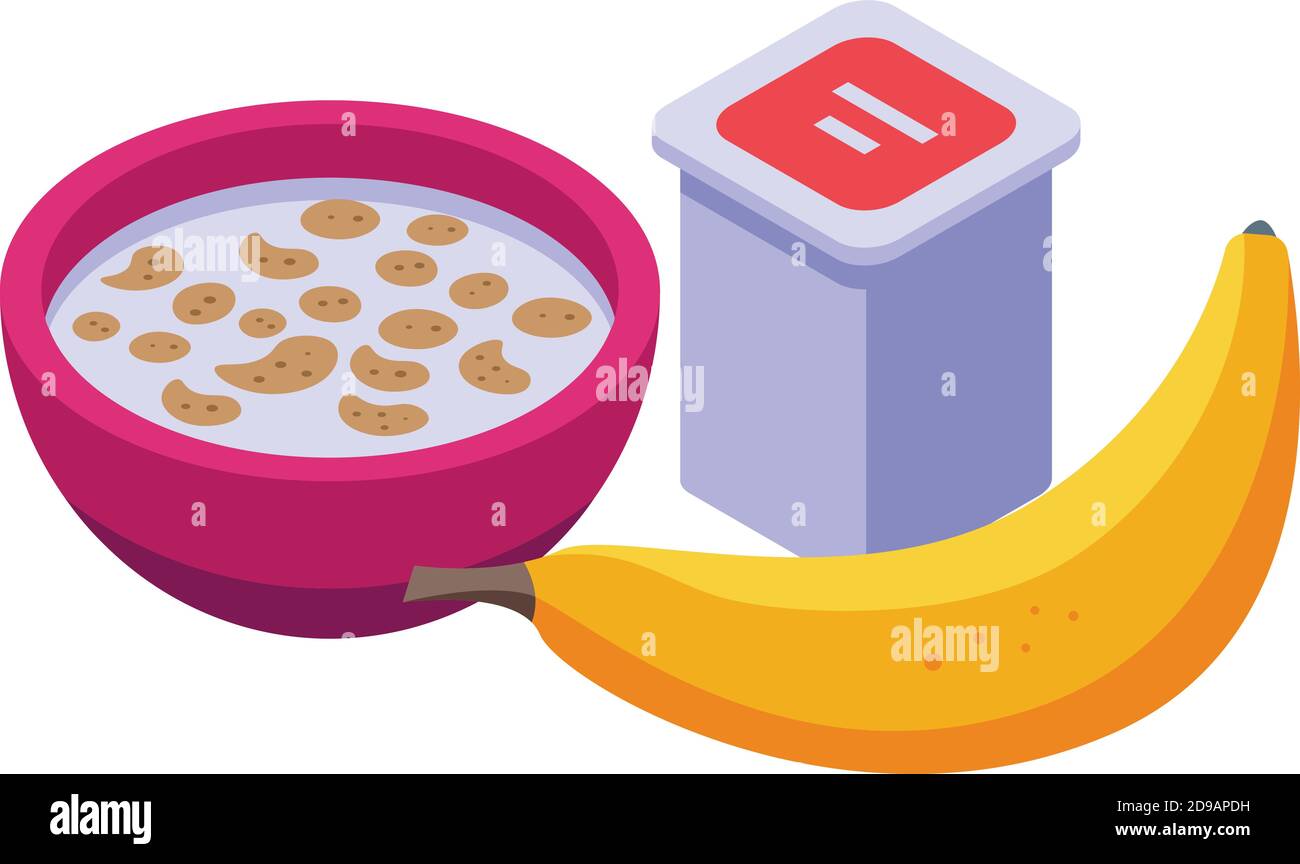 Milk muesli banana lunch icon. Isometric of milk muesli banana lunch ...