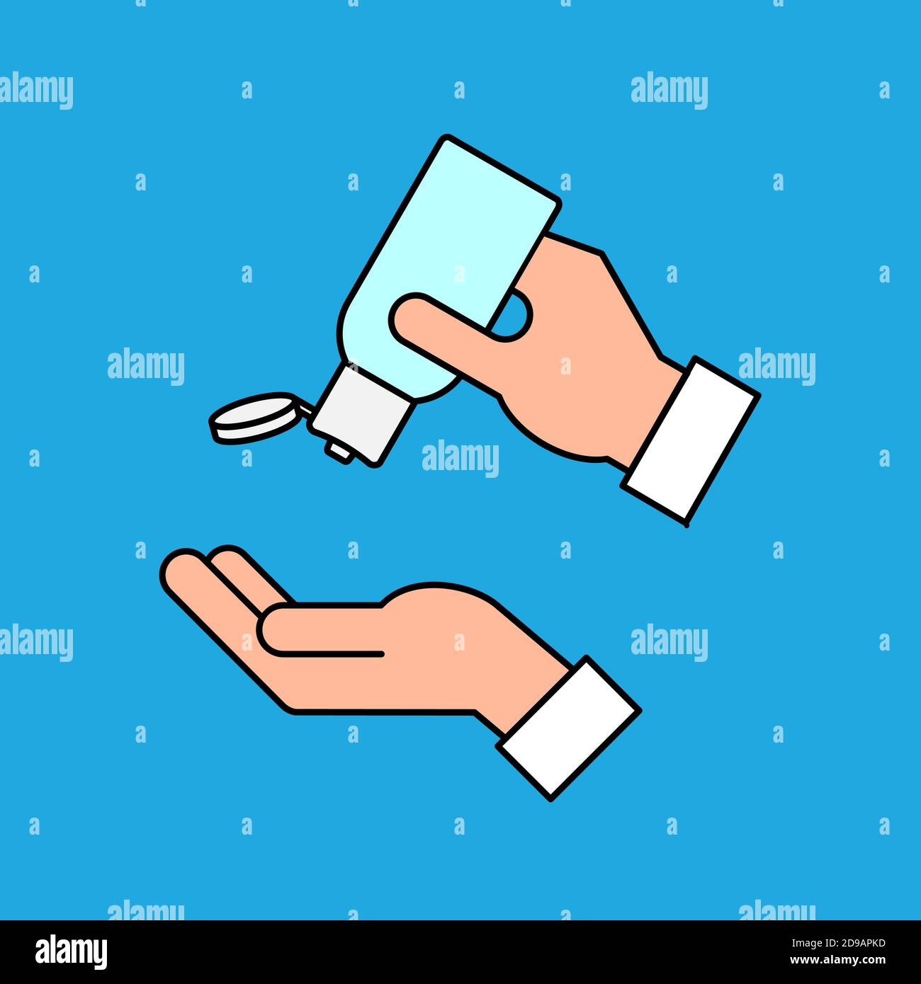 Dry washing hands with antiseptic product. Hands using small portable ...