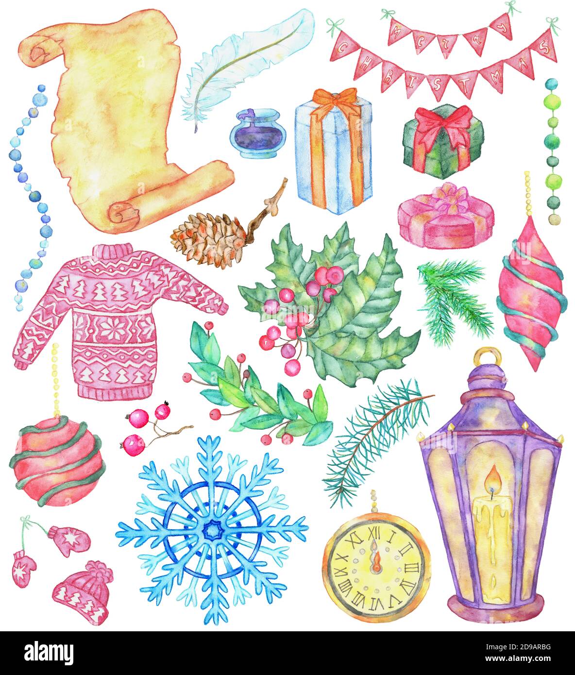 Christmas and New Year set with lantern, jumper, snowflake, bauble and ...