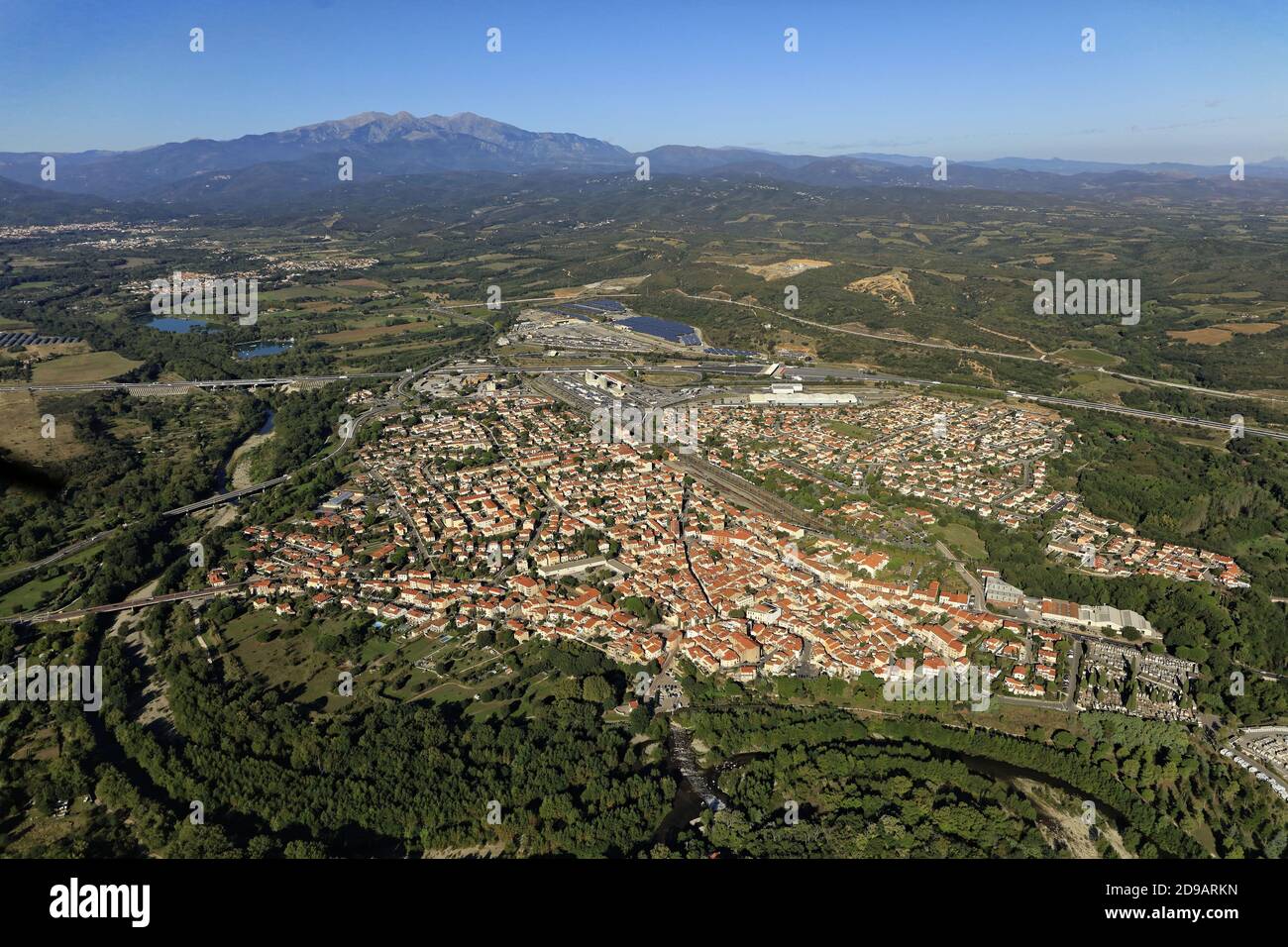Le Boulou (south of France): aerial view of the village along the Tech ...