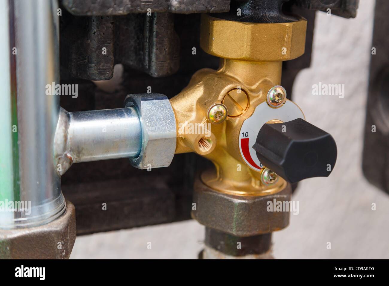 Manual three way ball valve on pipe of industrial boiler heating system ...