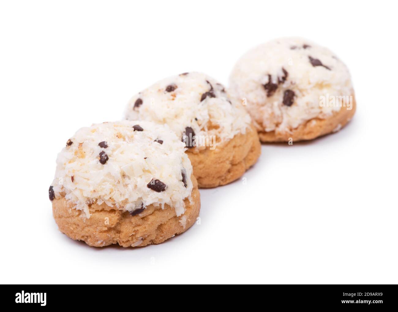 Confectionery with coconut flakes and chocolate chips isolated on white ...
