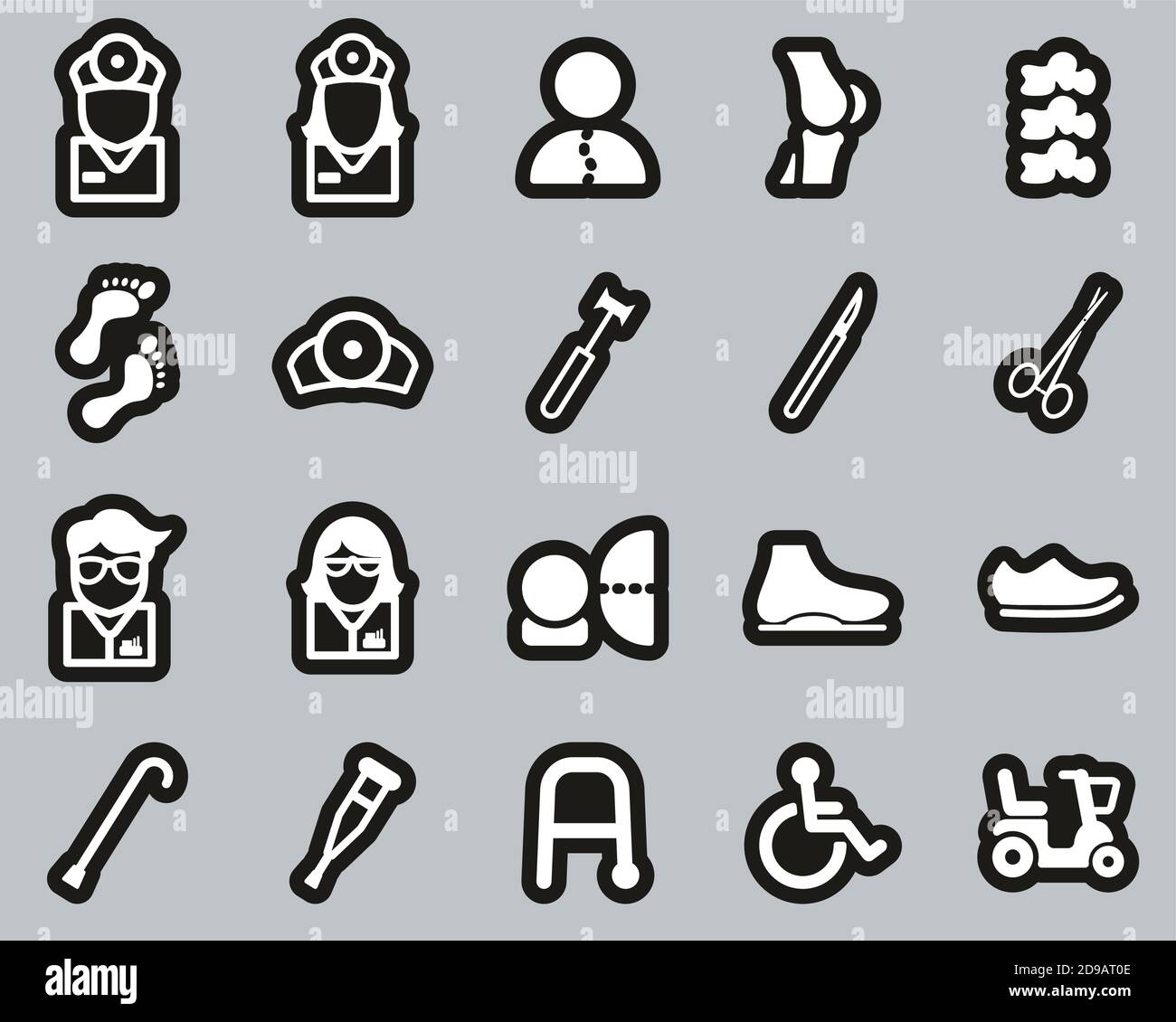 Orthopedic Exam & Orthopedic Equipment Icons White On Black Sticker Set ...