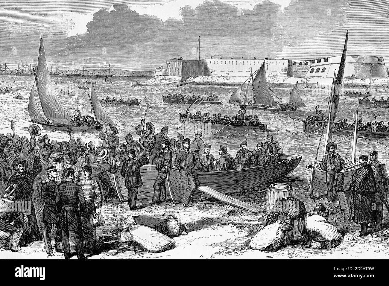 Men leaving Portsmouth for the Baltic fleet. 1855. Antique illustration ...
