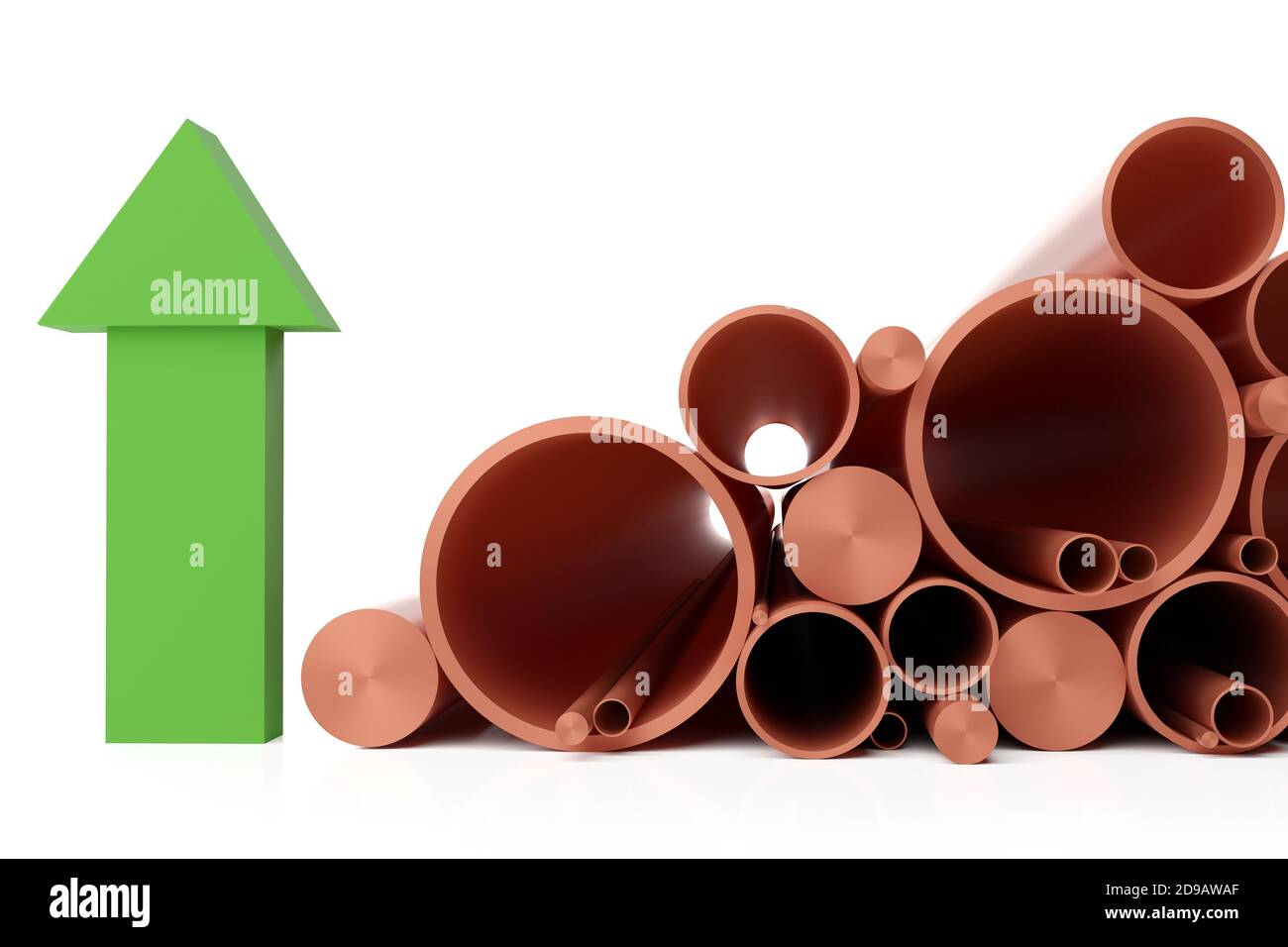 Copper pipes and a green arrow in bullish signal - 3D rendering Stock ...