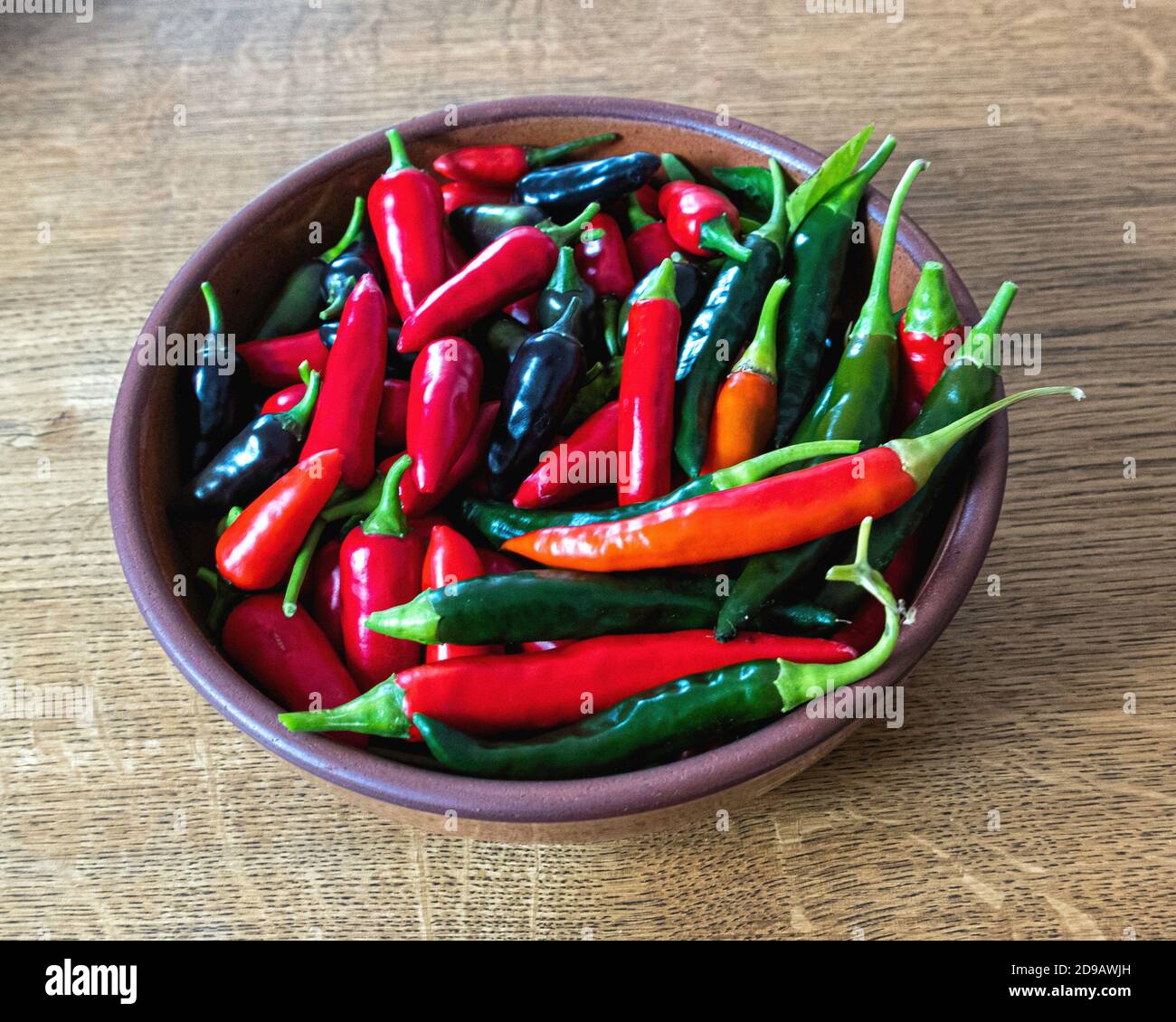 harvest of home grown chilli crop in pottery bowl Stock Photo - Alamy
