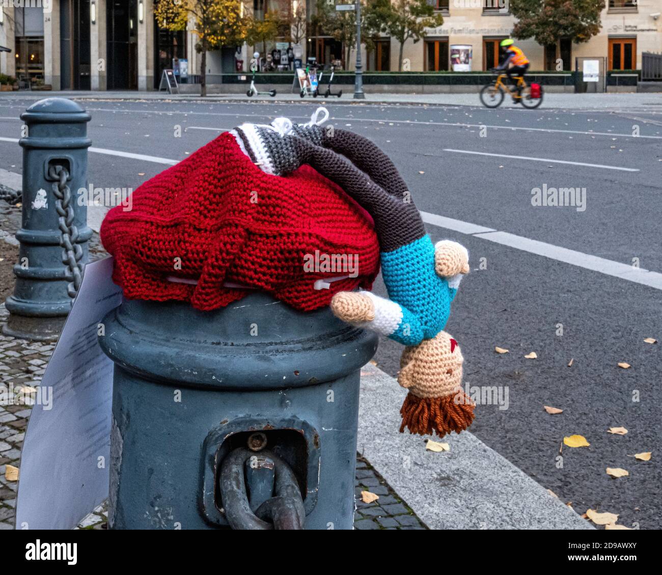 Yarn Bombing on Ebertstrasse. Yarn bombers have attached crochet toy ...