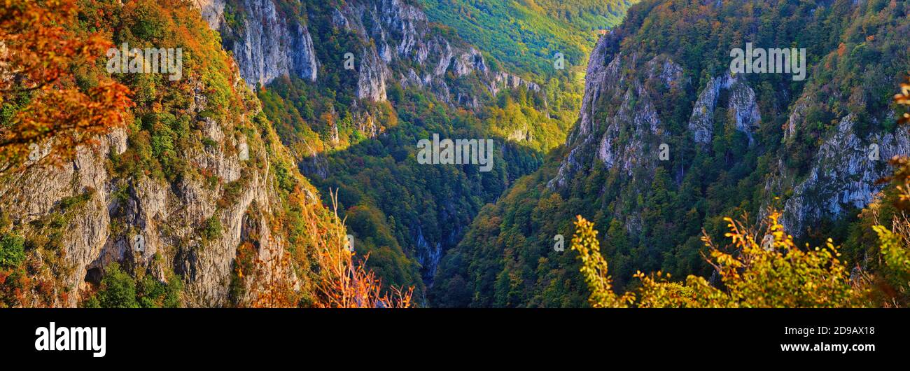 Aerial view of mountains with cliffs and forests in the autumn Stock ...
