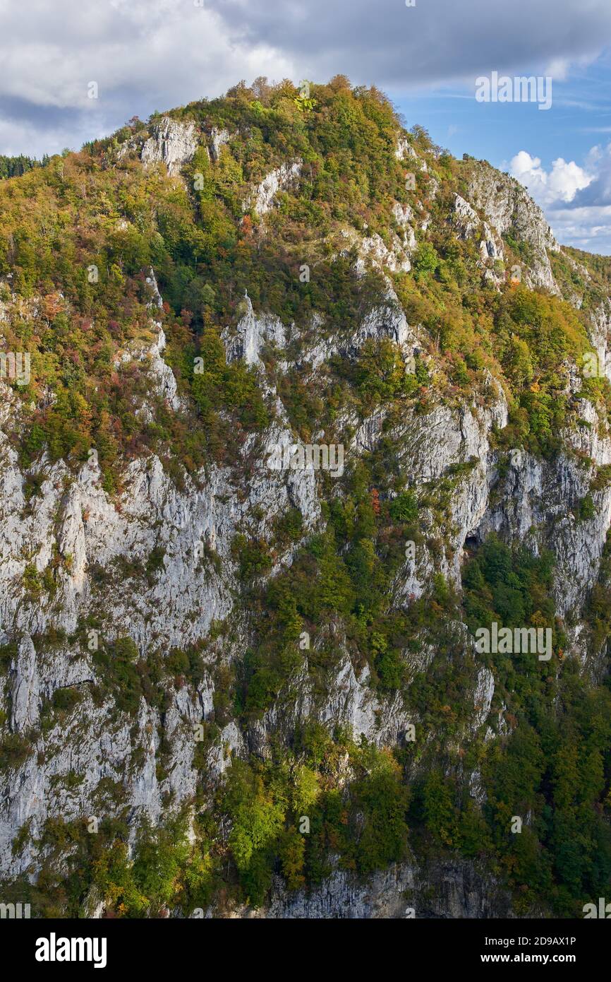 Aerial view of mountains with cliffs and forests in the autumn Stock ...