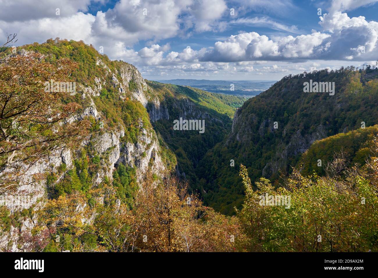 Aerial view of mountains with cliffs and forests in the autumn Stock ...