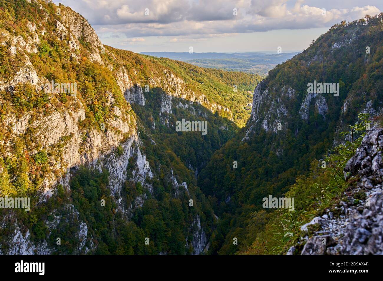 Aerial view of mountains with cliffs and forests in the autumn Stock ...