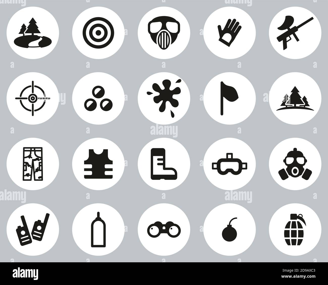 Paintball Game & Paintball Equipment Icons Black & White Flat Design ...