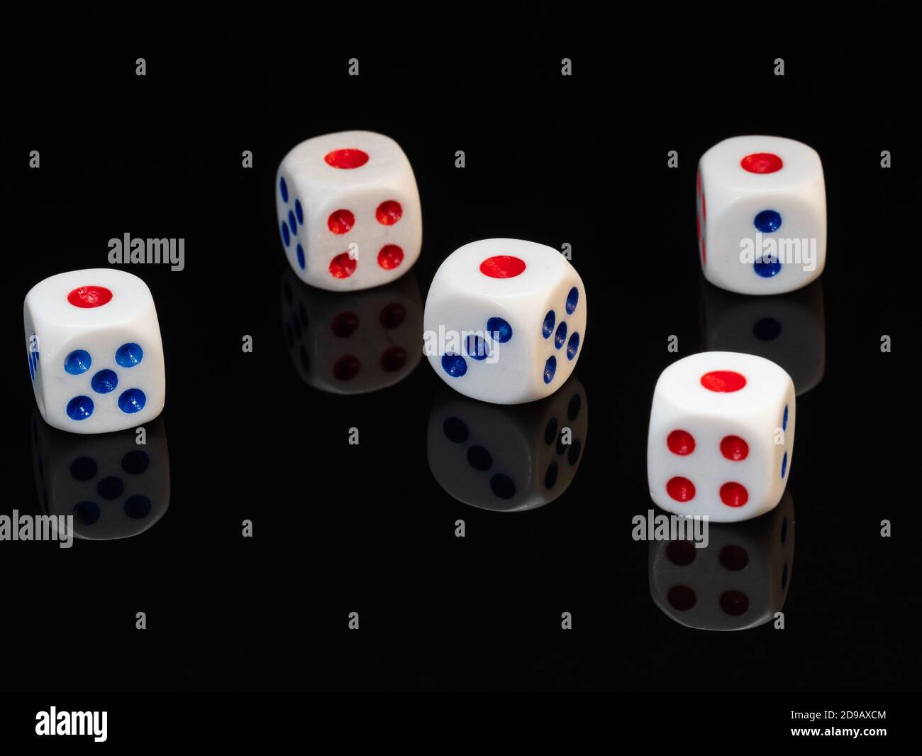 Closeup shot of five white dices isolated on black background Stock ...
